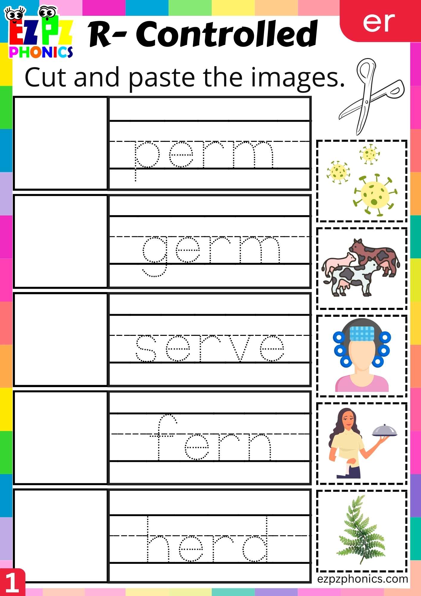 Cut and paste activity for er words R controlled vowels phonics group 1 - ezpzphonics.com